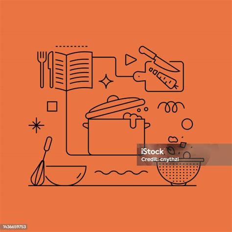요리 관련 벡터 배너 디자인 개념 아이콘과 현대 라인 스타일 요리하기 음식 준비에 대한 스톡 벡터 아트 및 기타 이미지