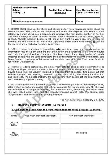 1st Form End Of Term Exam N2 Esl Worksheet By Rewa123