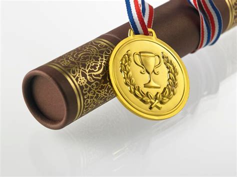 Premium Photo Close Up Of Medal Over Scroll Container Against White