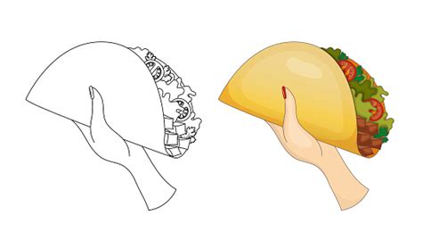 야채와 고기와 함께 손에 타코 초등학교를 위한 어린이 색칠하기 책입니다 전통적인 멕시코 파스 푸드 라틴 아메리카 요리 향기로운 또띠아 벡터 그림입니다 0명에 대한 스톡 벡터