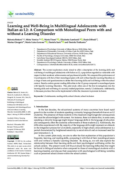 Pdf Learning And Well Being In Multilingual Adolescents With Italian
