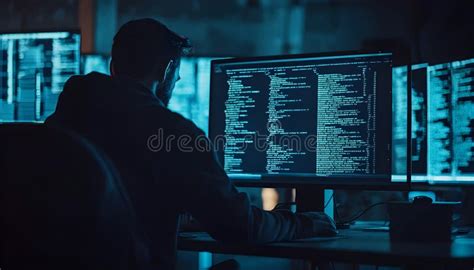 Hacker In A Dark Room Programming Malicious Code On A Computer Screen With Lines Of Data Stock