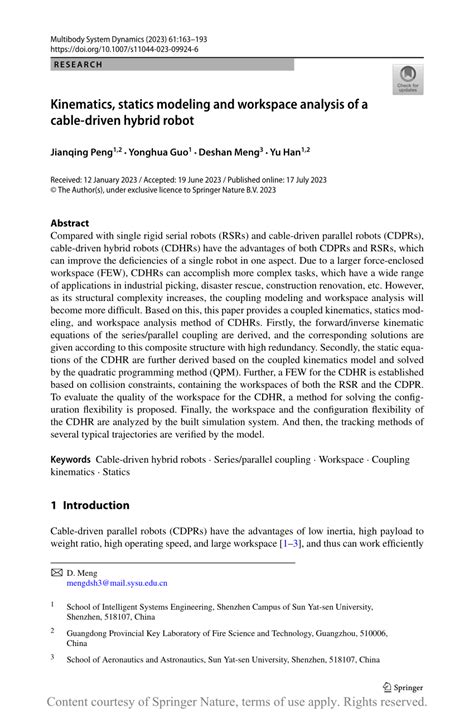 Kinematics Statics Modeling And Workspace Analysis Of A Cable Driven