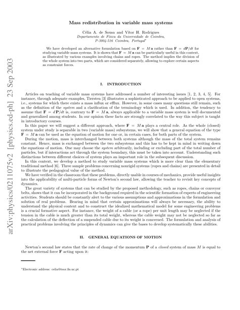 Pdf Mass Redistribution In Variable Mass Systems