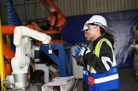 Premium Photo Female Engineer Check And Control Automation Robot Arms Machine In Intelligent