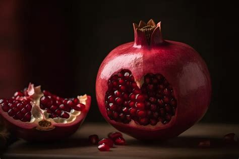 Premium Ai Image Ripe Pomegranate With Juicy Seeds On Old Wooden Table Neural Network Ai Generated