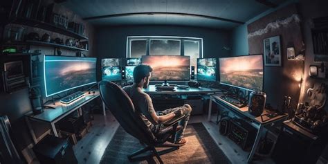 Premium Ai Image A Man Sits In A Dark Room With A Large Set Of Computer Monitors Generative Ai