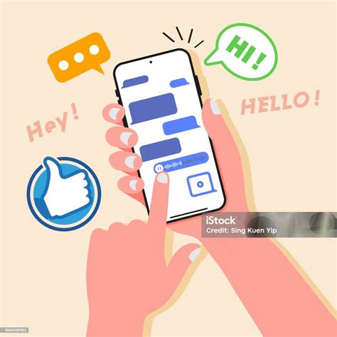 스마트폰을 위한 전화와 메시지 버블 채팅을 손에 들고 스마트폰 화면에 다채로운 말풍선 상자가 있습니다 모바일 메시징 응용 프로그램을 위해 설계된 벡터 채팅 상자입니다 벡터