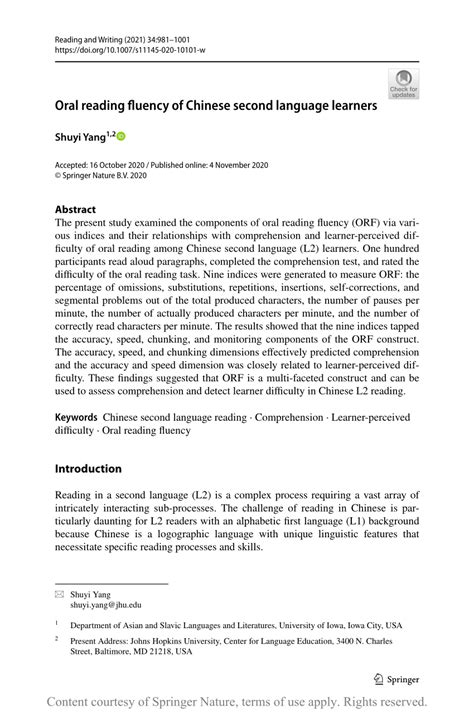 Oral Reading Fluency Of Chinese Second Language Learners Request Pdf
