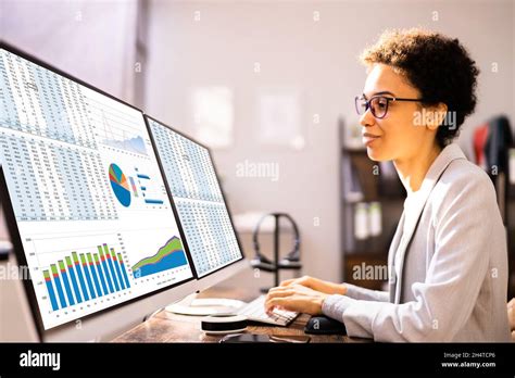 Computer Spreadsheet Data Analyst Woman Using Multiple Screens Stock Photo Alamy