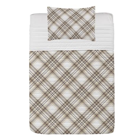 Beige Tan Microfiber Bedspread Set Plaid Pattern In Pastel Nude Colors