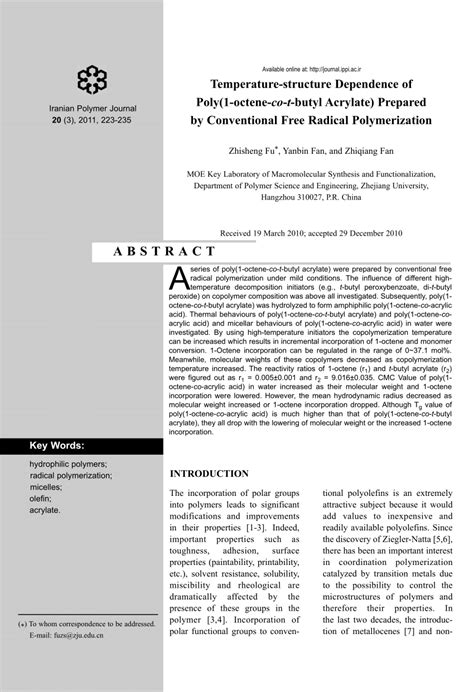 Pdf Temperature Structure Dependence Of Poly 1 Octene Co T Butyl Acrylate Prepared By