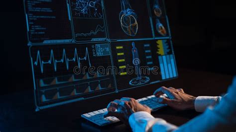 Close Up Of Male Hands On A Keyboard In The Dark In Front Of A Virtual Menu Readings On The