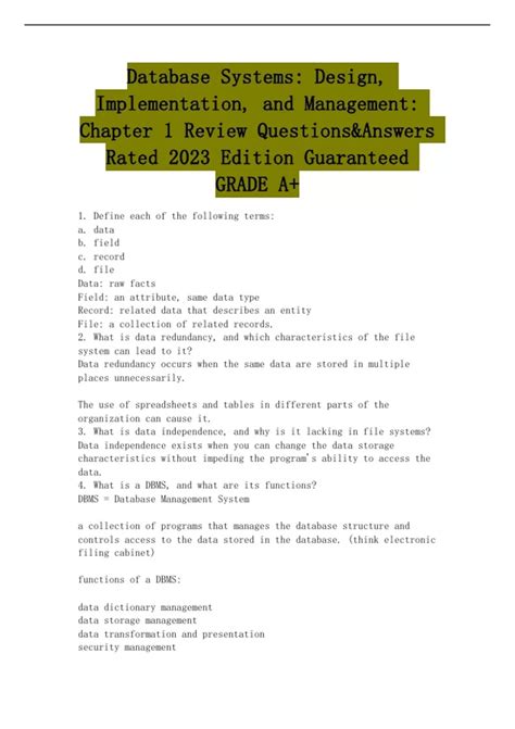 Database Systems Design Implementation And Management Chapter 1 Review Questionsandanswers
