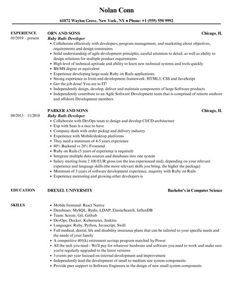 Ruby Rails Developer Resume Samples Velvet Jobs