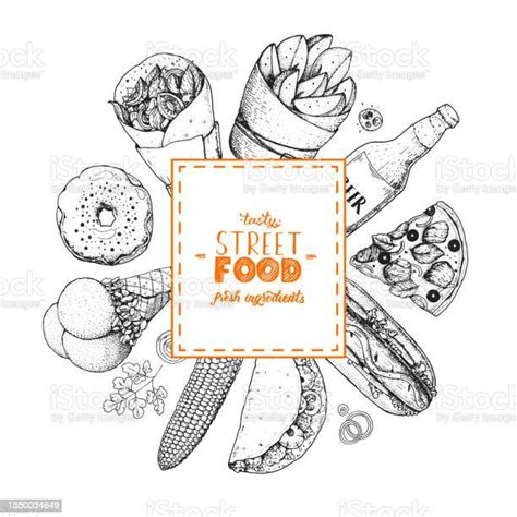 패스트 푸드 스케치 컬렉션 벡터 그림입니다 정크 푸드 세트 각인된 스타일 일러스트레이션입니다 패스트 푸드 서클 라벨 다양한 음식 세트 맥주병에 대한 스톡 벡터 아트 및 기타