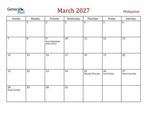March 2027 Monthly Calendars With Philippines Holidays