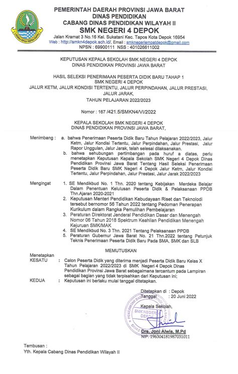 Pengumuman Hasil Seleksi Ppdb Tahap 1 T P 2022 2023