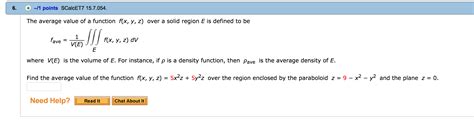 Solved The Average Value Of A Function F X Y Z Over A