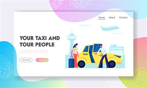 드라이버는 공항 배경에 자동차에 소녀 승객을 초대합니다 짐을 가진 여자는 노란색 택시에 앉아가는 도시 택시 목적지 웹 사이트 방문 페이지 웹 페이지 만화 플랫 벡터 일러스트