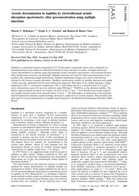 Pdf Arsenic Determination In Naphtha By Electrothermal Atomic Absorption Spectrometry After