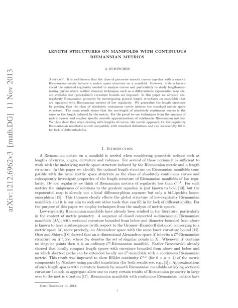 Pdf Length Structures On Manifolds With Continuous Riemannian Metrics