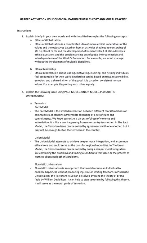 Issue Of Globalization Ethical Theory And Moral Practice Graded Activity On Issue Of