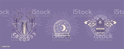마법의 수정 구슬 Orbuculum 운세 개체 사슴 뿔 태양 광선 달의 위상 땅벌 벡터 빈티지 그림입니다 할로윈 마술 요술 점성술 신비주의 로고 문신 0명에 대한 스톡 벡터