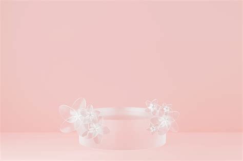 3d 사실적인 시상대 배경 분홍색에 젖빛 투명 유리 원통형 받침대 유리 봄 꽃을 장식 모형 3d 렌더링으로 사용합니다 배치 제품 쇼케이스 플랫폼을 위한 봄철 무대