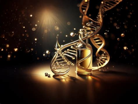 A Golden Elixir Bottle Sits Beside A Glowing Dna Helix Suggesting Genetic Research Beauty Or