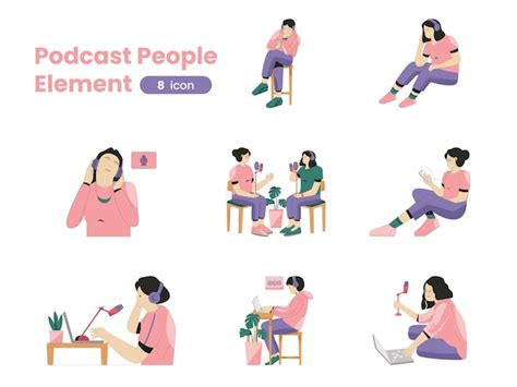 2d 팟캐스트 사람 요소 그림 1팩 개념 현대 아이콘 그림 디자인 프리미엄 벡터
