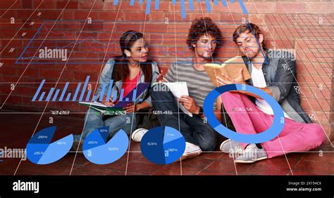 Image Of Digital Interface With Data Graphs And Charts Moving Over Smiling Teenage Students