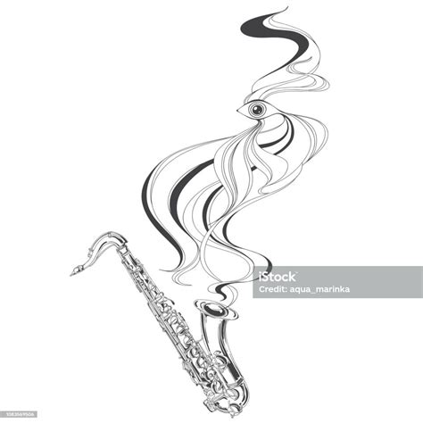 음악 개념입니다 색소폰과 추상 음악입니다 흰색 바탕에 벡터 그림입니다 흑백 밑그림입니다 고립 된 디자인 요소입니다 광고 전단지