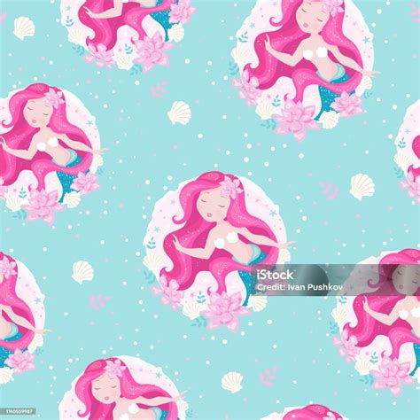 조개 껍질과 꽃 패션 터키석 인 어 패턴입니다 아이 티셔츠 패션 아트 워크 어린이 책 인쇄 및 직물 또는 배경 화면 옷에 대 한