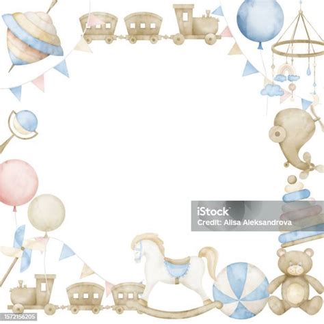 베이비 샤워를 위한 아이들의 장난감과 함께 프레임 손으로 그린 수채화 그림은 갓 태어난 인사말 카드 홍보 초대장을 위해 흔들 목마와 함께 있습니다 아이 디자인을 위한 격리된