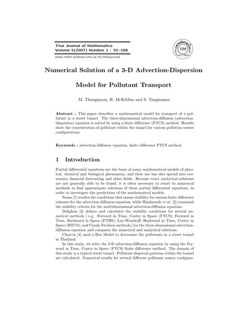 Pdf Numerical Solution Of A 3 D Advection Dispersion Model For Pollutant Transport