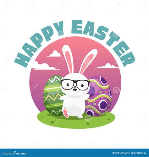 An Illustration Of A Nerd Rabbit In Front Of Egg Happy Easter Label Stock Illustration