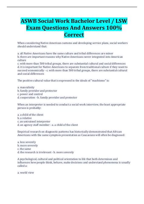 Aswb Social Work Bachelor Level Lsw Exam Questions And Answers 100 Correct Aswb Stuvia Us