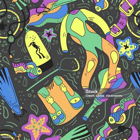 벡터 일러스트레이션의 다이빙 아이템이 있는 매끄러운 패턴 손으로 그린 낙서 만화 스타일 탱크 정장 레귤레이터 마스크 빛 Bcd 물고기 잠수복 지느러미 종이 섬유 디자인