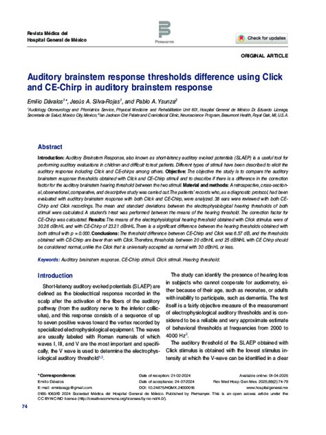 Pdf Auditory Brainstem Response Thresholds Difference Using Click And Ce Chirp In Auditory