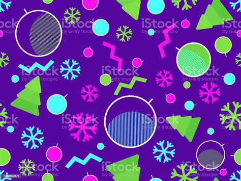 눈송이와 크리스마스 장식 80년대 스타일의 기하학적 모양이 있는 크리스마스 매끄러운 패턴 인사말 카드 포장지 및 배너에 대 한 축제 배경입니다 벡터 그림 1980 1989