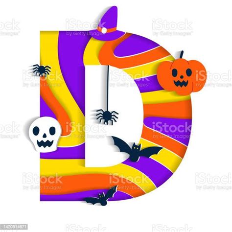 해피 할로윈 D 알파벳 파티 글꼴 타이포그래피 캐릭터 만화 화려한 3d 레이어 종이 컷 아웃 유형 디자인 축하 벡터 일러스트 레이 션 해골 호박 박쥐 마녀 모자 스파이더