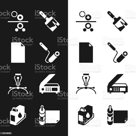 페인트 롤러 브러시 빈 문서 인쇄기 용지 만년필 펜촉 스캐너 롤 용지 및 프린터 잉크 카트리지 아이콘을 설정합니다 벡터 건강