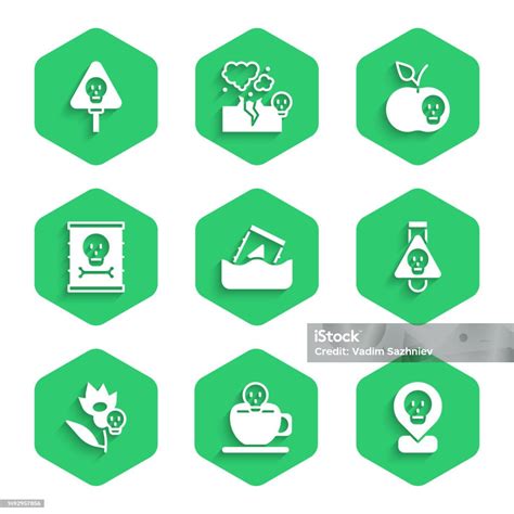 방사성 폐기물을 통에 넣고 두개골이 있는 커피 컵 위치 병 물약 독 꽃 사과와 뼈 및 아이콘을 설정합니다 벡터 0명에 대한 스톡 벡터 아트 및 기타 이미지 Istock