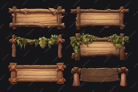 나무 널빤지와 정글 프레임 오래 된 종이 밧줄 장식 나무 패널 나무 보드와 흰색 배경에 고립 된 숲에서 식물 방향 표지판의 만화 세트 프리미엄 벡터
