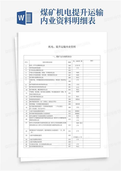 煤矿机电提升运输内业资料明细表Word模板下载 编号lywbwpnv 熊猫办公