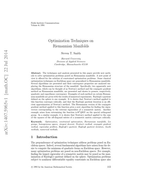 Optimization Techniques On Riemannian Manifolds Pdf Mathematical