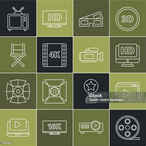 세트 라인 필름 릴 온라인 플레이 비디오 Hd 3d 시네마 안경 4k 영화 테이프 프레임 감독 의자 복고풍 Tv 및 시네마 카메라 아이콘모니터 벡터 3차원 형태에 대한 스톡