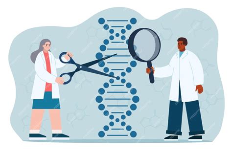 과학자들은 실험실에서 Dna 분자를 연구하고 분석하는 Dna 나선의 염기서열을 분석합니다 프리미엄 벡터