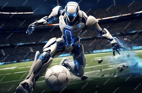 Premium Ai Image Robot Soccer Standing On A Green Field Generative Ai